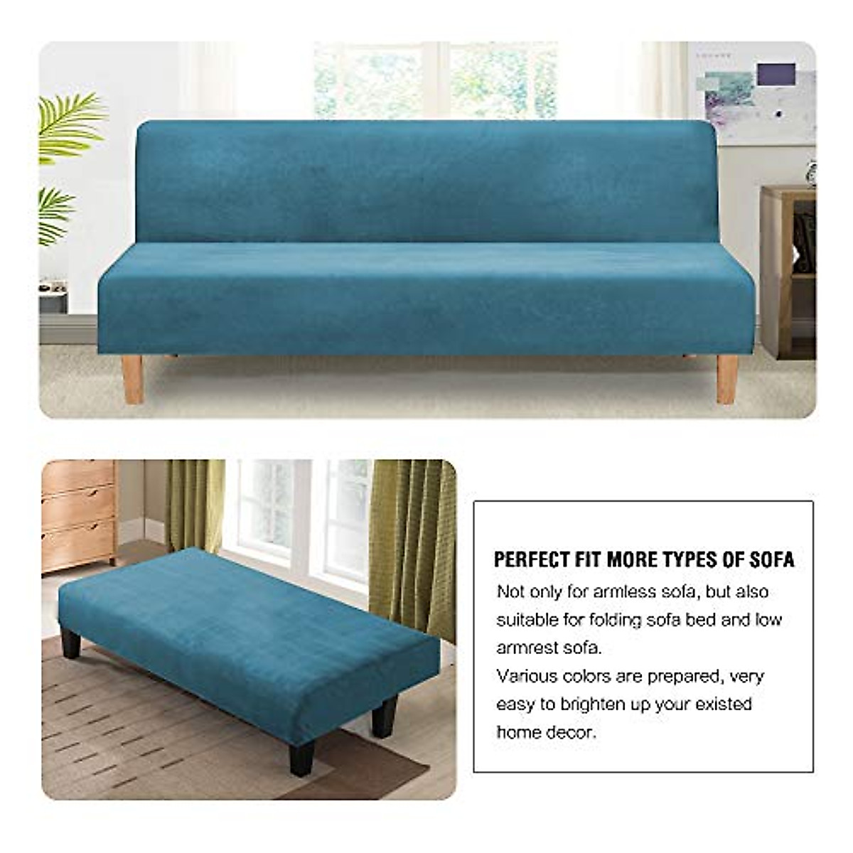 H.VERSAILTEX Real Velvet Futon Cover Armless Sofa Covers Sofa Bed Covers Stretch Futon Couch Cover Sofa Slipcover Furniture Protector Thick Soft Velvet Fabric Form Fitted Stay in Place, Peacock Blue
