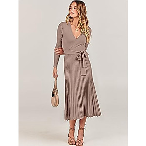 ANRABESS Long Sleeve Sweater Dress 2023 Fall Wrap Pleated V Neck Work Office A Line Tie Waist Soild Color Belted Ribbed Knit Bodycon Midi Sweater Dress 937doukou-XL