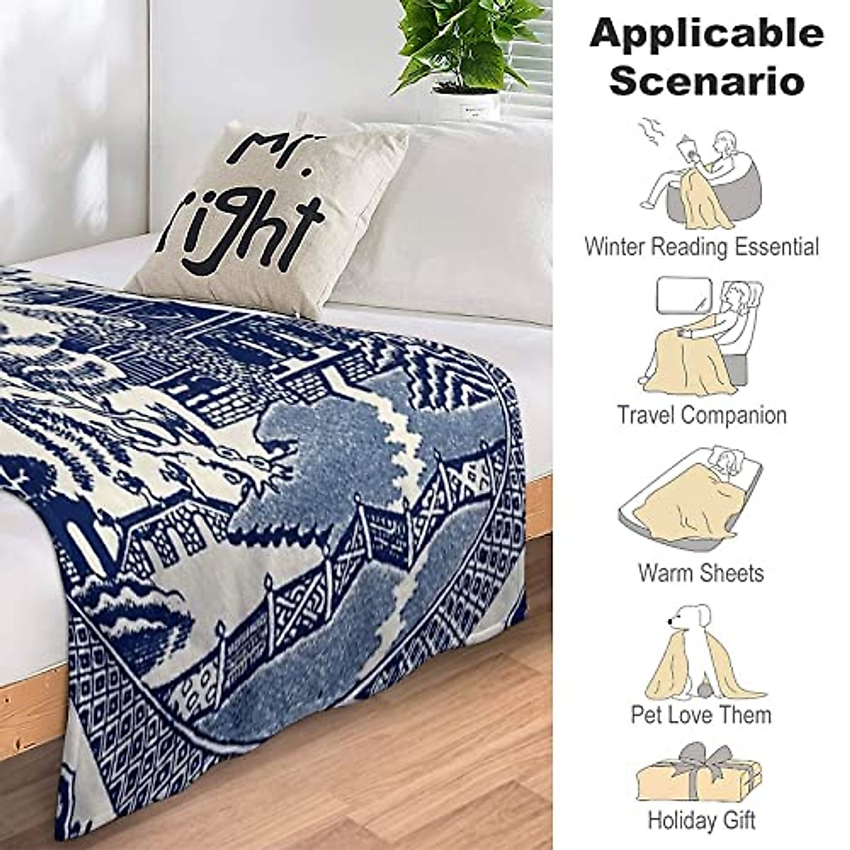 Ancient China Blue Willow Chinoiserie Flannel Fleece Throw Blankets 50"X40" Lightweight Fluffy Winter Fall Blanket Cozy Soft Fuzzy Plush Home Decor for Couch Bed Sofa Bedroom Living Room Travel