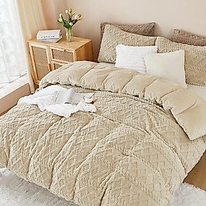 Andency Beige Cream Fleece Duvet Cover Set King Size, 3 Pieces Boho Flannel Fuzzy Fluffy Faux Fur Comforter Cover for Winter, Soft Shaggy Plush Cozy Sherpa Bedding Set