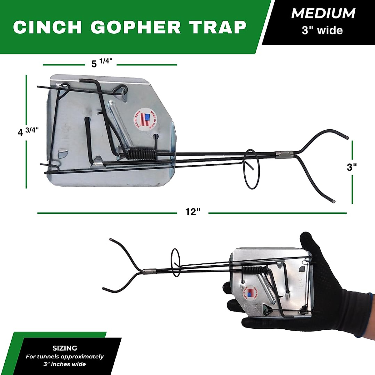 Cinch Gopher Trap - Professional-Grade Gopher Traps That Work Best, Heavy Duty, Reusable Rodent Trapping System - Ideal for Lawns, Gardens, Ranches, and More - Outdoor Use, Medium Size (3 Pack)