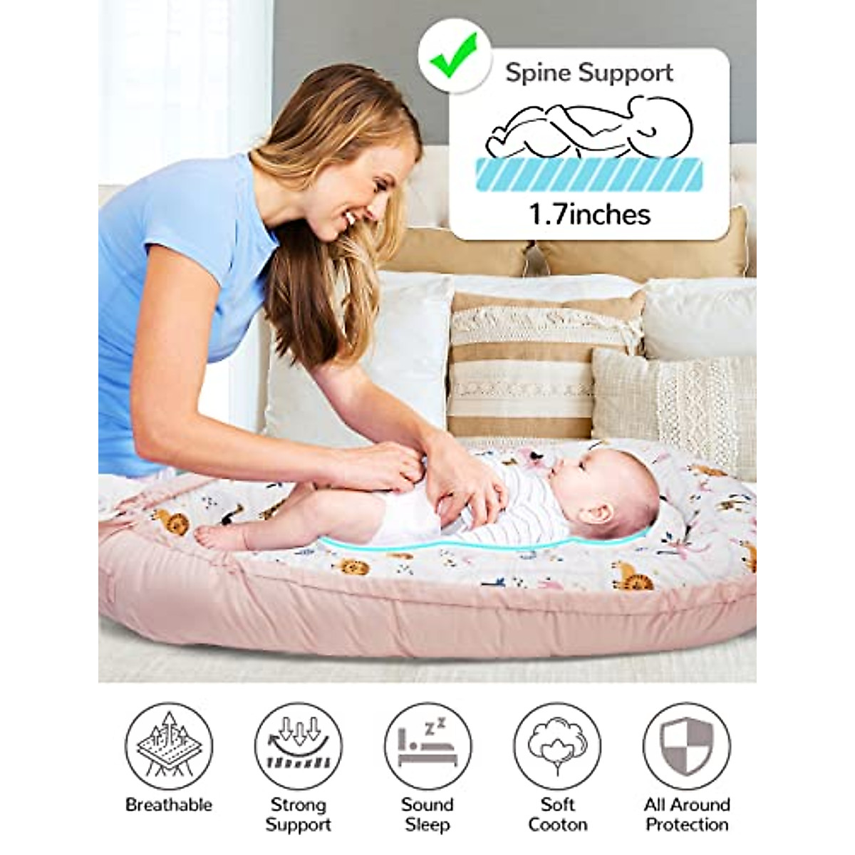 Mestron Baby Nest for 0-12 Months,Baby Lounger Baby Snuggle Infant Bassinet Mattress Insert Soft & Breathable Cotton Portable Infant Floor Seat Co-Sleeping (Elephant)