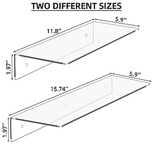 display4top Clear Acrylic Shelf, Floating Wall Mounted Bookshelf for Collections Plant Kids Book in Office Bedroom Living Room, Set of 2(12"& 16")