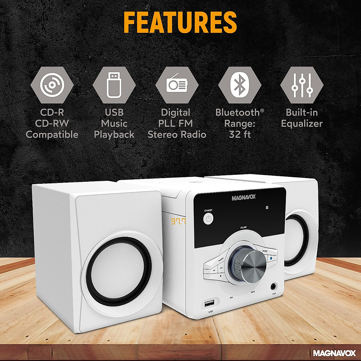 Magnavox MM442 3-Piece Top Loading CD Shelf System with Digital PLL FM Stereo Radio, Bluetooth Wireless Technology, and Remote Control in Black | Blue Lights | LED Display (White)