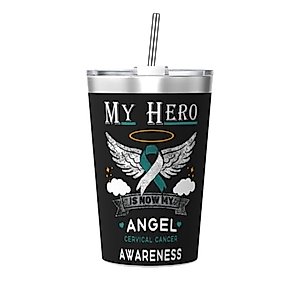 12oz Tumbler My Hero Is Now My Angel Cervical Cancer Awareness Stainless Steel Cup With Straw And Lid Spill Proof Bulk Double Wall Vacuum Reusable Water Tumblers For Cold Hot Drink
