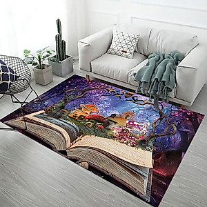 LGGQQW Magical Forest Area Rug Mushroom Tree Cat Pink Flower Fairy Tale World Carpet Home Decor