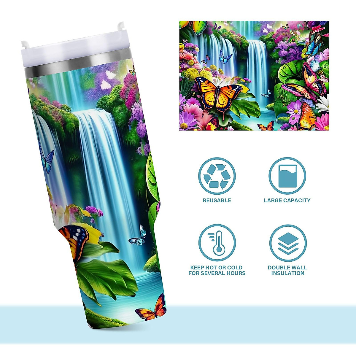 ODAWA 40 Oz Butterflies Floral Landscape Tumbler Cups with Handle and Straw, 2 in 1 Lid Insulated Stainless Steel Insulated Tumblers