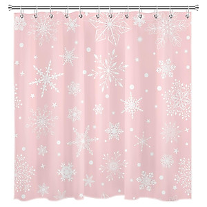 LB Pink Christmas Shower Curtain for Bathroom, Winter Snowflake on Pink and White Fabric Shower Curtain with Hooks, New Year Holiday Bathroom Curtain Shower Set, 72" W x 78" L