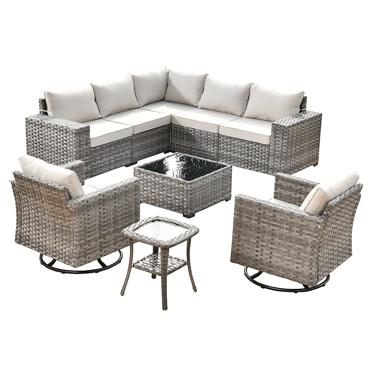 XIZZI Patio Furniture Sets Outdoor Sectional Sofa Swivel Rocking Chairs 9 PCS All Weather PE Wicker Conversation Couch and Matching Side Table,Beige