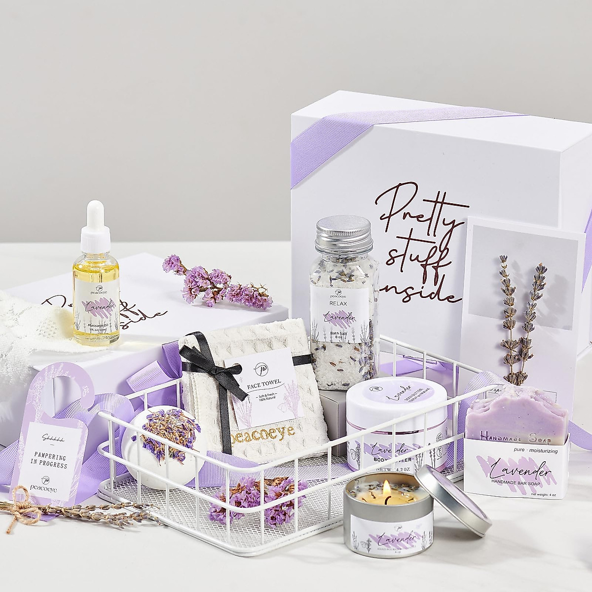Peacoeye Gifts for Women Spa Lavender Bath Gift Baskets Mothers Day Gifts Relaxing Self Care Gift for Mom Her Sister Wife Auntie Home Bath Kit Care Package Birthday Friendship Gift Ideas