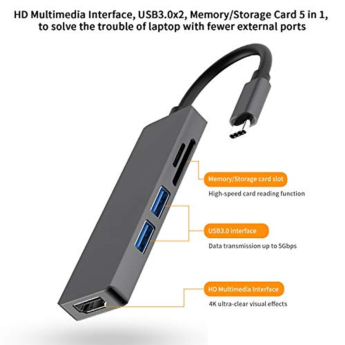 5 in 1 TypeC to Multi Interface Hub,TypeC 5.0GBS Docking Station TypeC to HD Multimedia Interface/Storage Card/USB Adapter with 4K Connection
