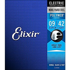 Elixir Strings, Electric Guitar Strings, Nickel Plated Steel with POLYWEB Coating, Longest-Lasting Warm Tone with Comfortable Feel, 6 String Set, Super Light 9-42