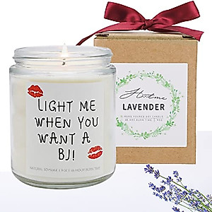 Lavender Scented Soy Candles (9 oz), Funny Boyfriend Gifts, Husband Gifts, Adult Humor Anniversary/Birthday Gifts for Him - Light Me When You Want A BJ