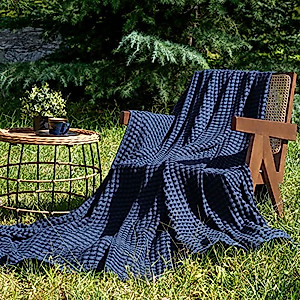 PHF Cooling Waffle Blanket, Queen Size, Lightweight, 60% Rayon from Bamboo & 40% Cotton, Breathable, Ultra Soft & Luxury, 90"x90", Blue