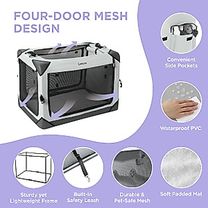 Lesure Collapsible Dog Crate - Portable Travel Kennel for Large Dog, 4-Door Pet Crate with Durable Mesh Windows, Indoor & Outdoor, Light Gray