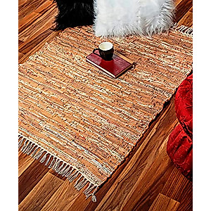 Leather Multi Rug Hand Woven and Hand Stiched, Made of Genuine Leather Strips, Fringe Trim, Durable, Stain Resistant, Leather Chindi Rug, Living Room Leather Rug, Eco Friendly - Beige 36x48 Inch