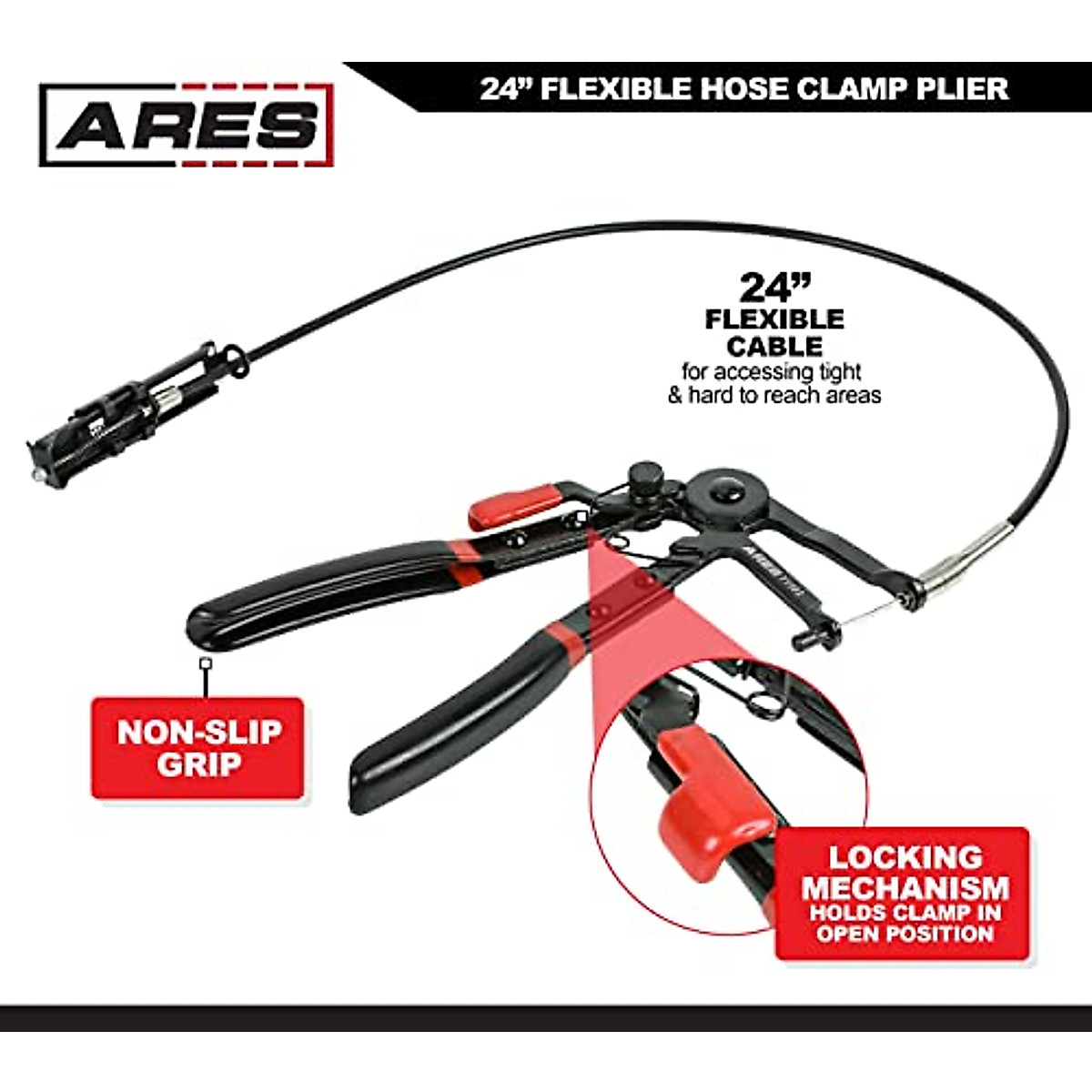 ARES 71102 - Flexible Hose Clamp Plier - 24-Inch Heavy Duty Cable Flexes for Use in Any Position - Works on 18mm-54mm Hose Clamps