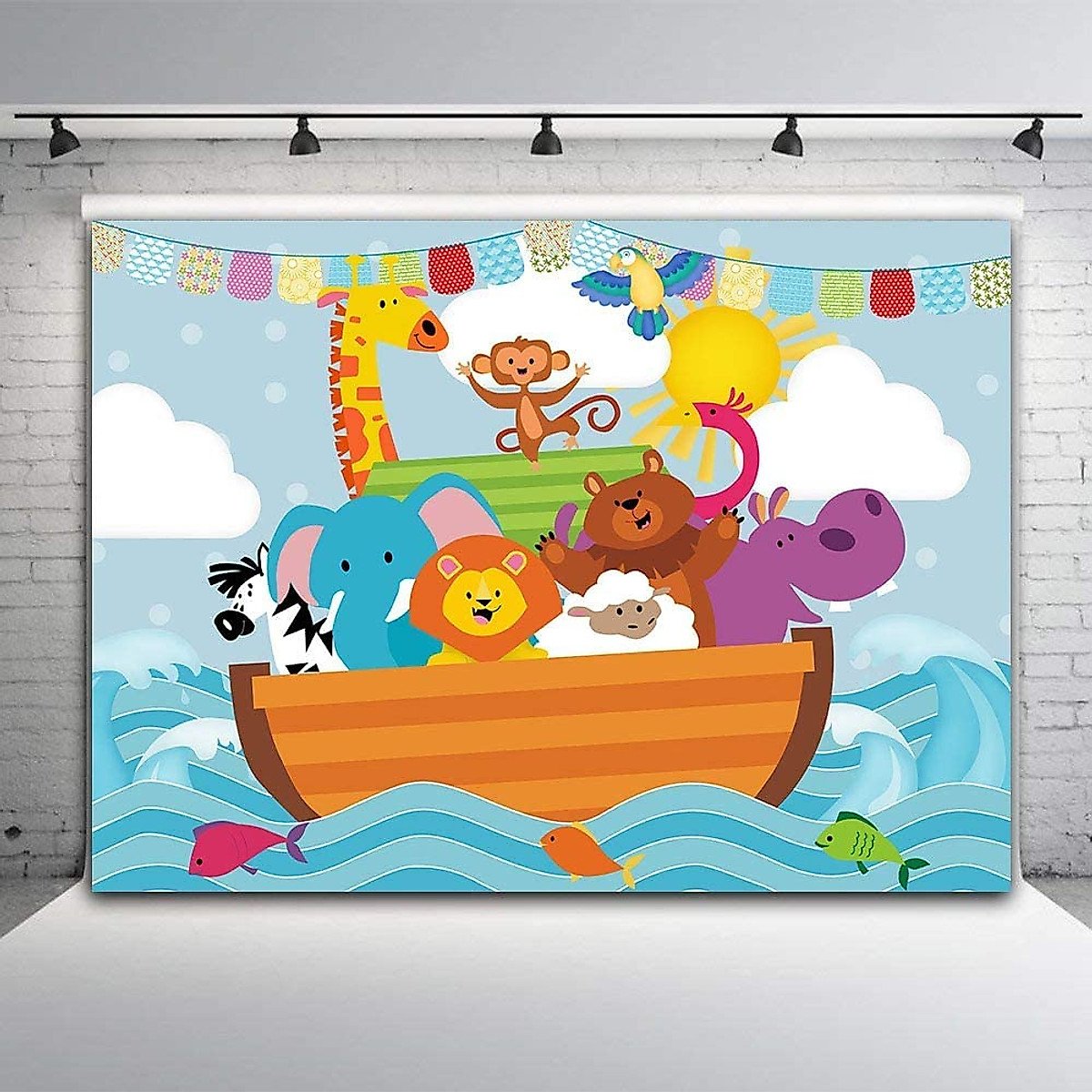 Cartoon Noah's Ark Sea Photography Backdrops Vinyl 7x5ft Wild Safari Animals Zoo Photo Backgrounds Baby Shower Party Banner Decoration Supplies for Children Birthday Cake Table Photo Booth Props