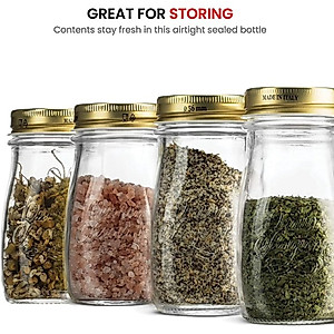 Bormioli Rocco Quattro Stagioni, Set Of 6, Glass Canning Mason Jars And Drinking Bottles, 13.5 Oz. With Gold Metal Airtight Lids, Made In Italy.