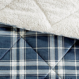 Comfort Spaces Aaron Sherpa Comforter and Throw Combo Set, Ultra Softy Fluffy Warm Checker Plaid Pattern Cold Weather Bedding, Full/Queen, Navy,CS10-0409