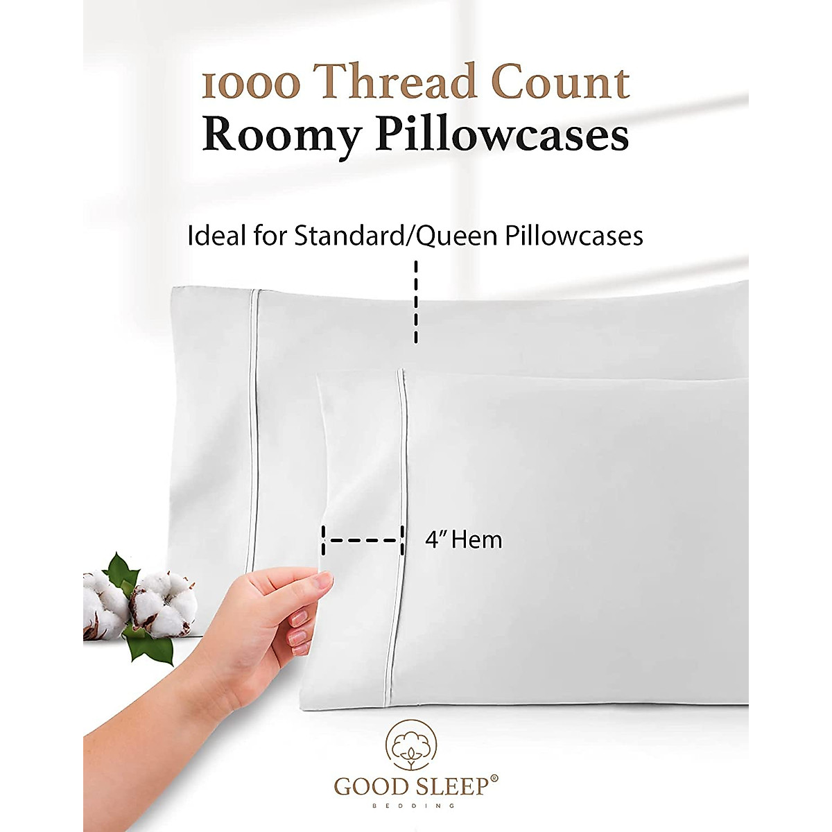 1000 TC White Standard Pillowcases Set of 2 100% Egyptian Cotton Pillow Cases with Long Staple Cotton & Sateen Weave, Silky Soft Hotel - Like Bed Pillow Covers for Comfy Sleeping, Snug Fit