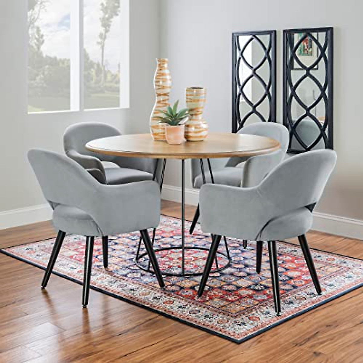 Powell 47.25" Round Wood Top with Modern Metal Base Monika Dining Table, Natural and Black