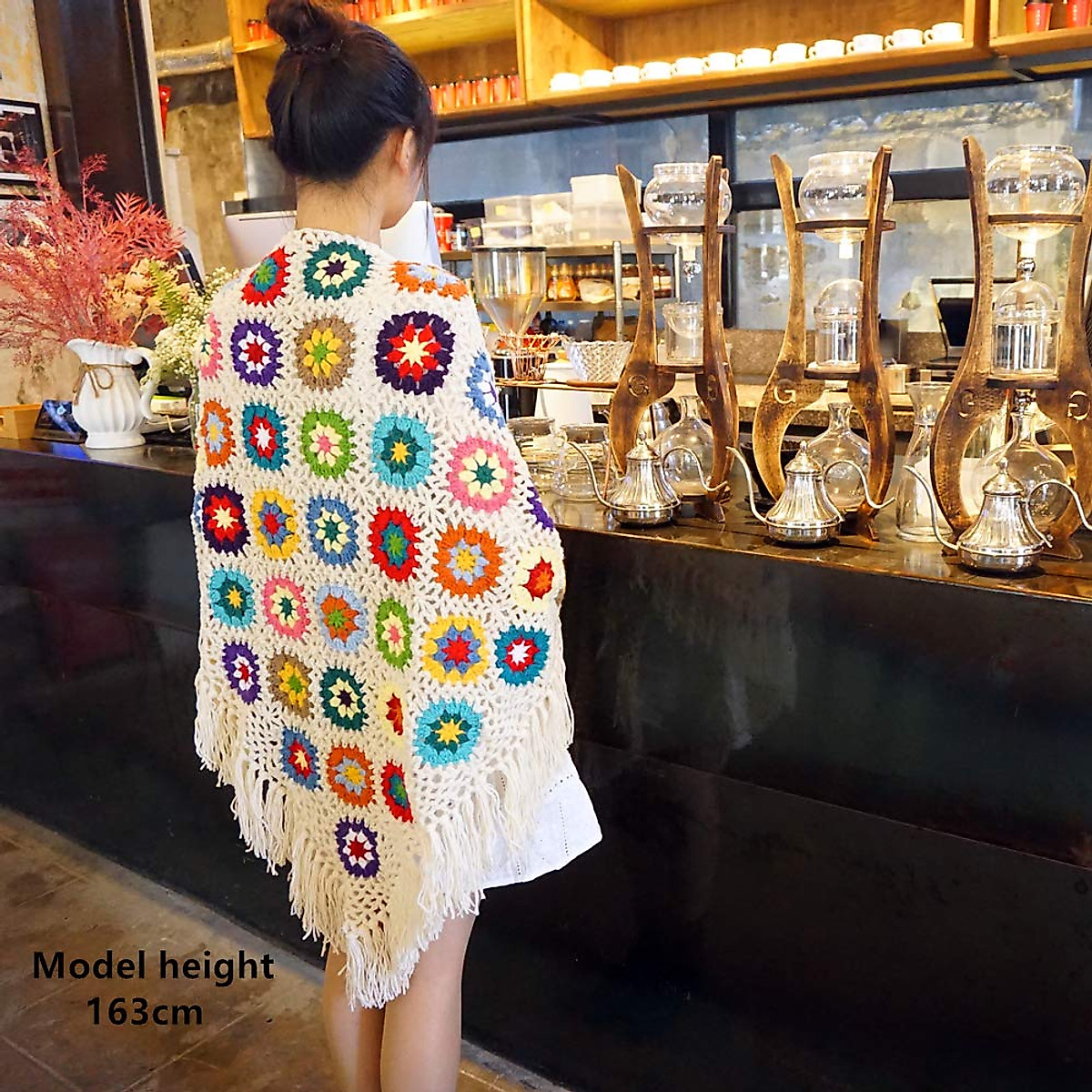 Hblanket Handmade Crochet tassel Shawls Wraps Granny Square Womens Coat Sweater (white) 68x33in