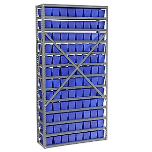 Global Industrial 13 Shelf Steel Shelving with (96) 4" H Plastic Shelf Bins, Blue, 36x12x72