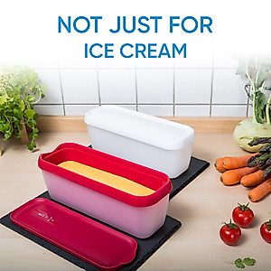 LIN Insulated Ice Cream Containers 2-Pack with Serving Scoop - 1.6 Quart Reusable Rectangle Dessert Storage Tubs for Homemade Ice Cream, 1 Red & 1 White Lid - Non-BPA Plastic - Dishwasher-Safe