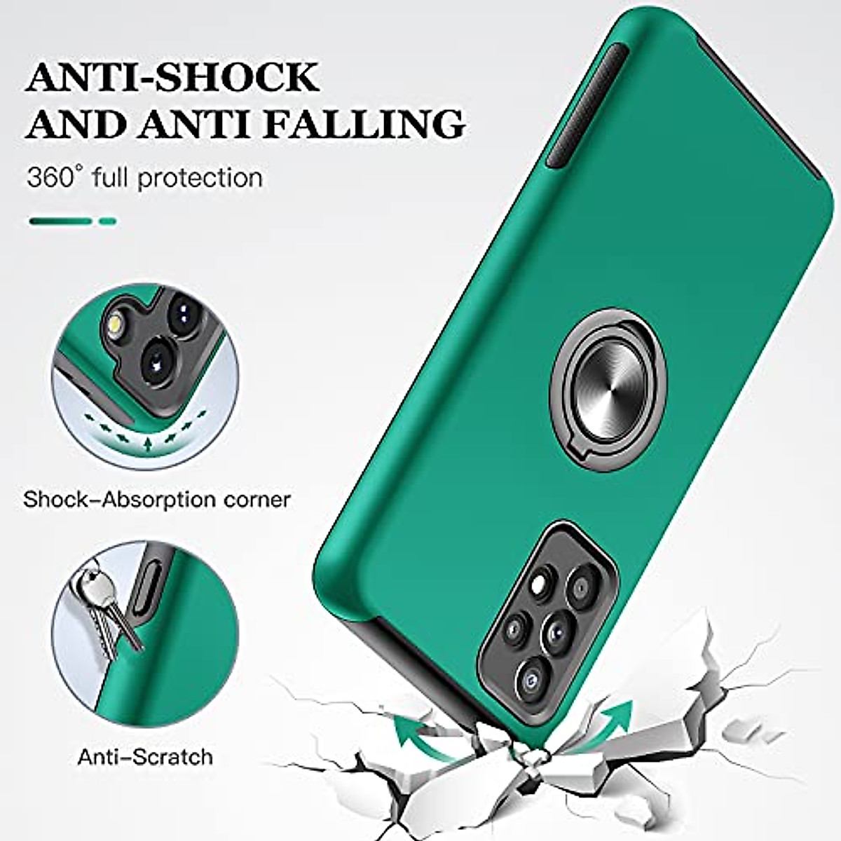 JAME for Samsung Galaxy A52 5G Case with [2 Pack] Tempered-Glass Screen Protector, Slim Soft Heavy Duty Cover for Samsung A52 Case, with Invisible Ring Holder Kickstand for Galaxy A52 Case, Green
