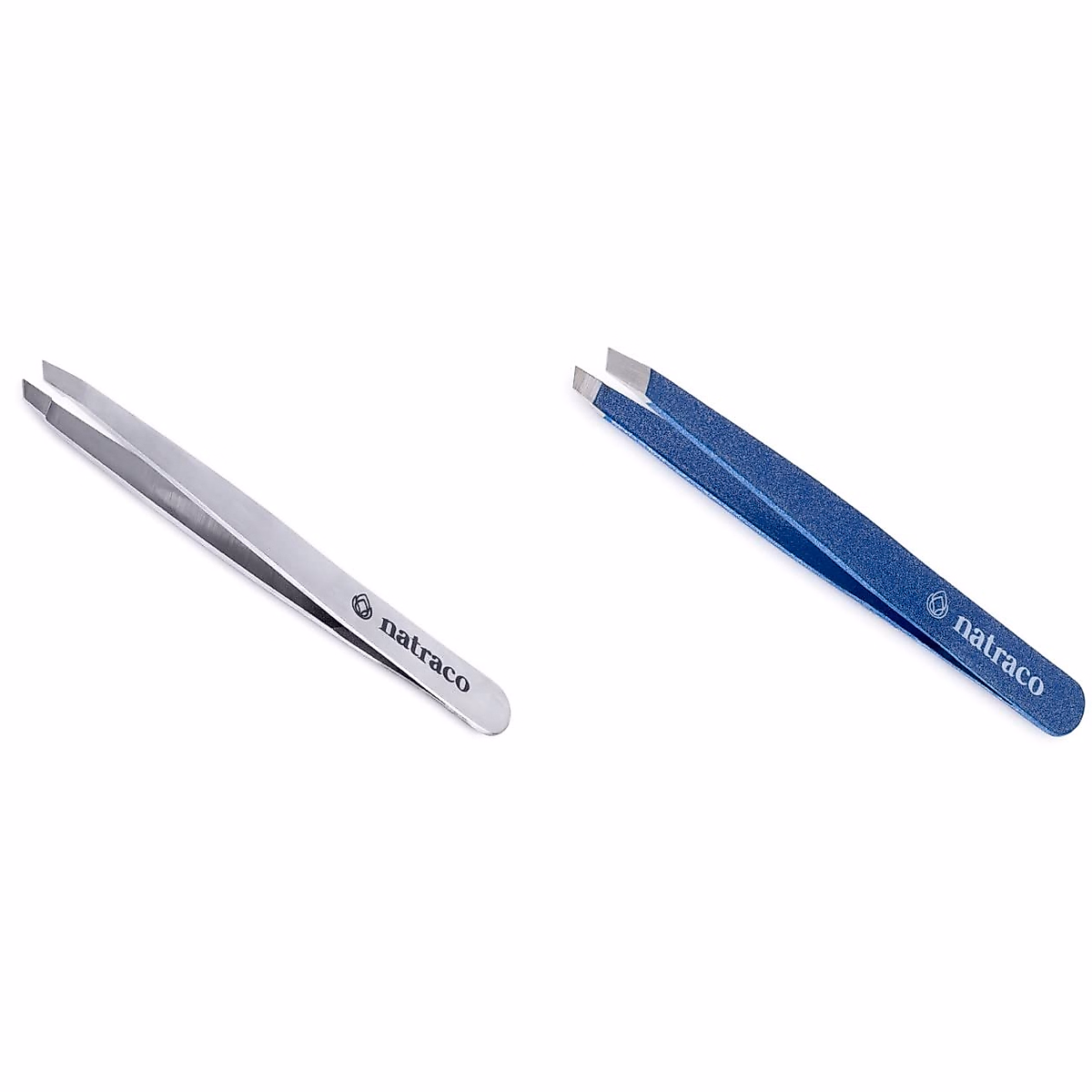 Stainless Steel Slant Precision Tweezers – Professional Tweezers for Eyebrows & Hair Removal – Stainless Steel & Blue Textured (Pack of 2)