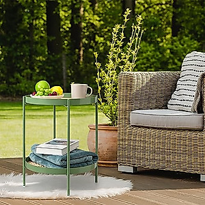 danpinera Metal Side Table, Imitation Rattan Green End Table with 2 Tier Removable Tray, Round Table for Small Spaces, Small Tables for Living Room 20.47 Inch x 16.54 Inch