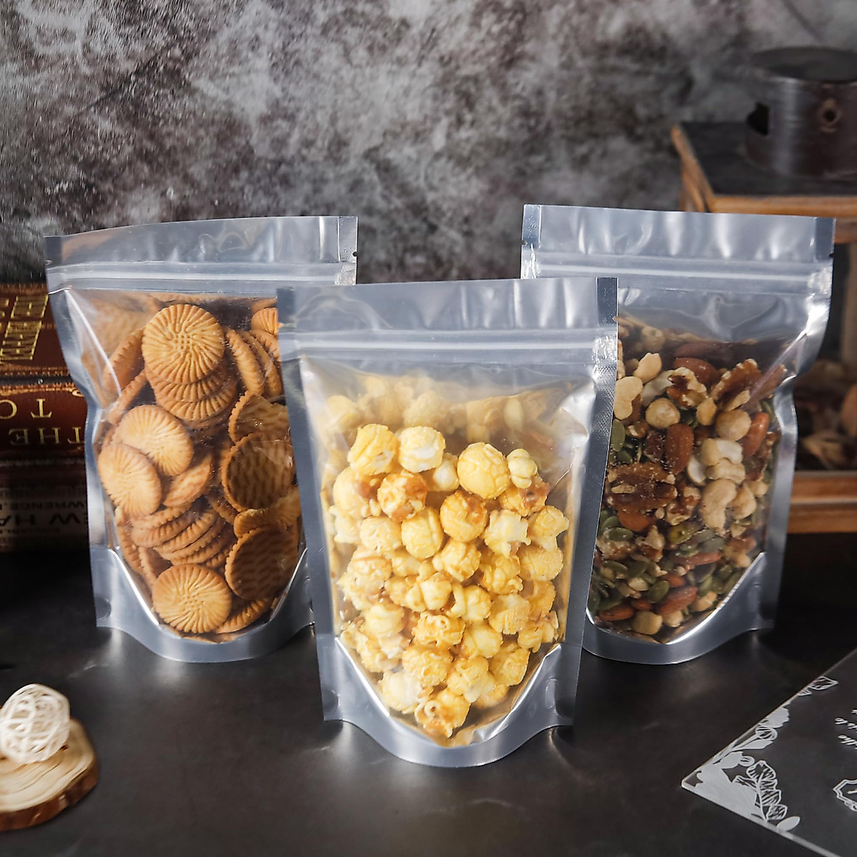 LOKQING Mylar Bags for Food Storage Resealable Bags for Small Business Stand Up Packaging Bags (100PACK,4.9 x7.9Inches)