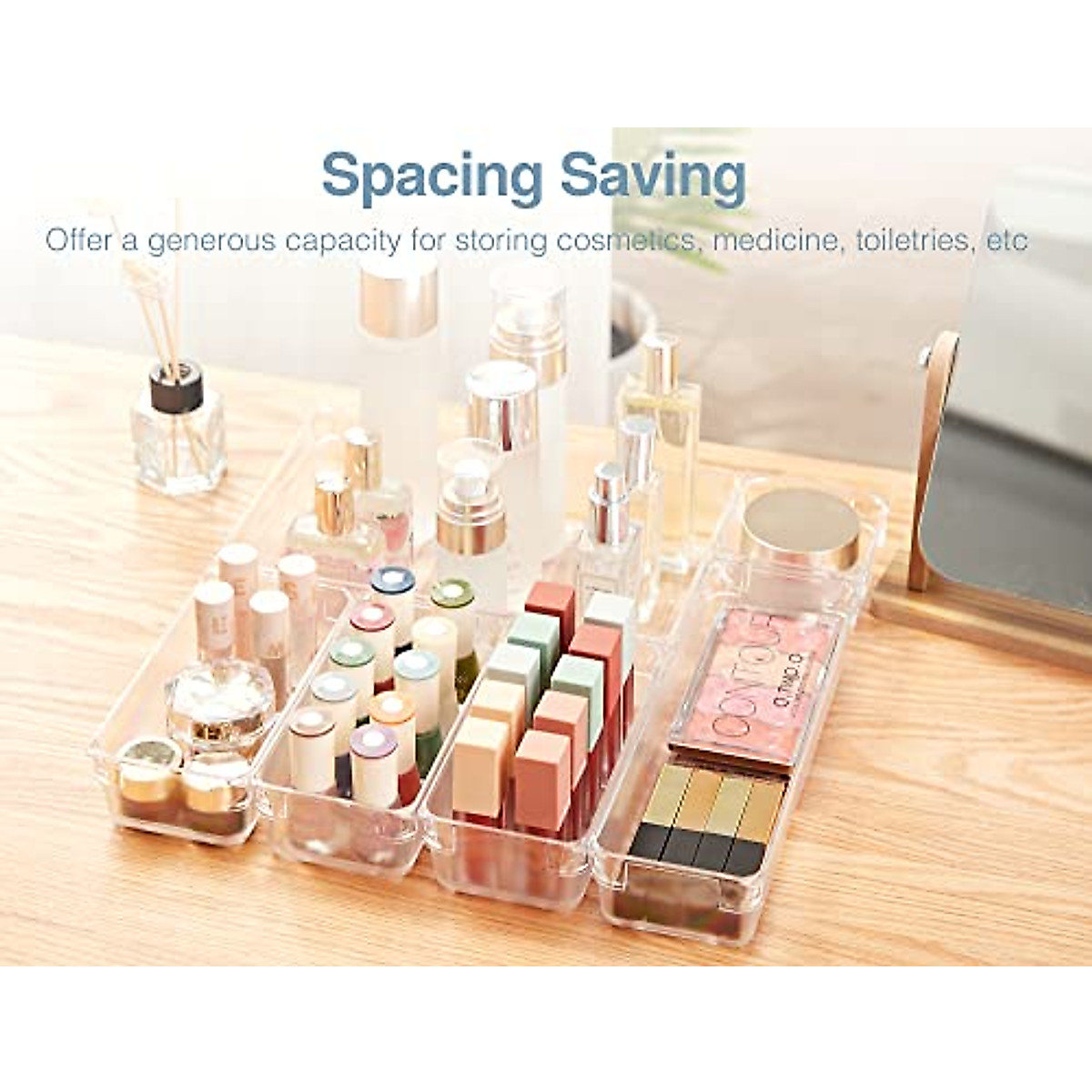 Puroma 18Pcs Drawer Organizer Set 4-size Versatile Vanity and Bathroom Drawer Organizers, Clear Plastic Desk Drawer Organizer Trays and Customize Layout Storage Bins for Makeup Kitchen Office (Clear)