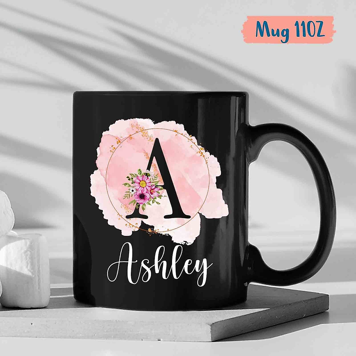 Personalized Initial Name Mug - Custom Monogram Mug - 11oz & 15oz Black Ceramic