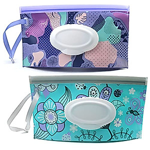 Baby Wipe Dispenser,Portable Refillable Wipe Holder Wipe Dispenser Bag Reusable Travel Wet Wipe Pouch (Blue Purple)