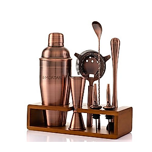 Mint & Mortar Cocktail Shaker Set, 7-Piece Bartender Kit with Stand, 24oz Martini Shaker Bottle Stainless Steel Bar Tools, Home Bar Accessories Drink Mixer, Barware Gift Set - Brushed Copper