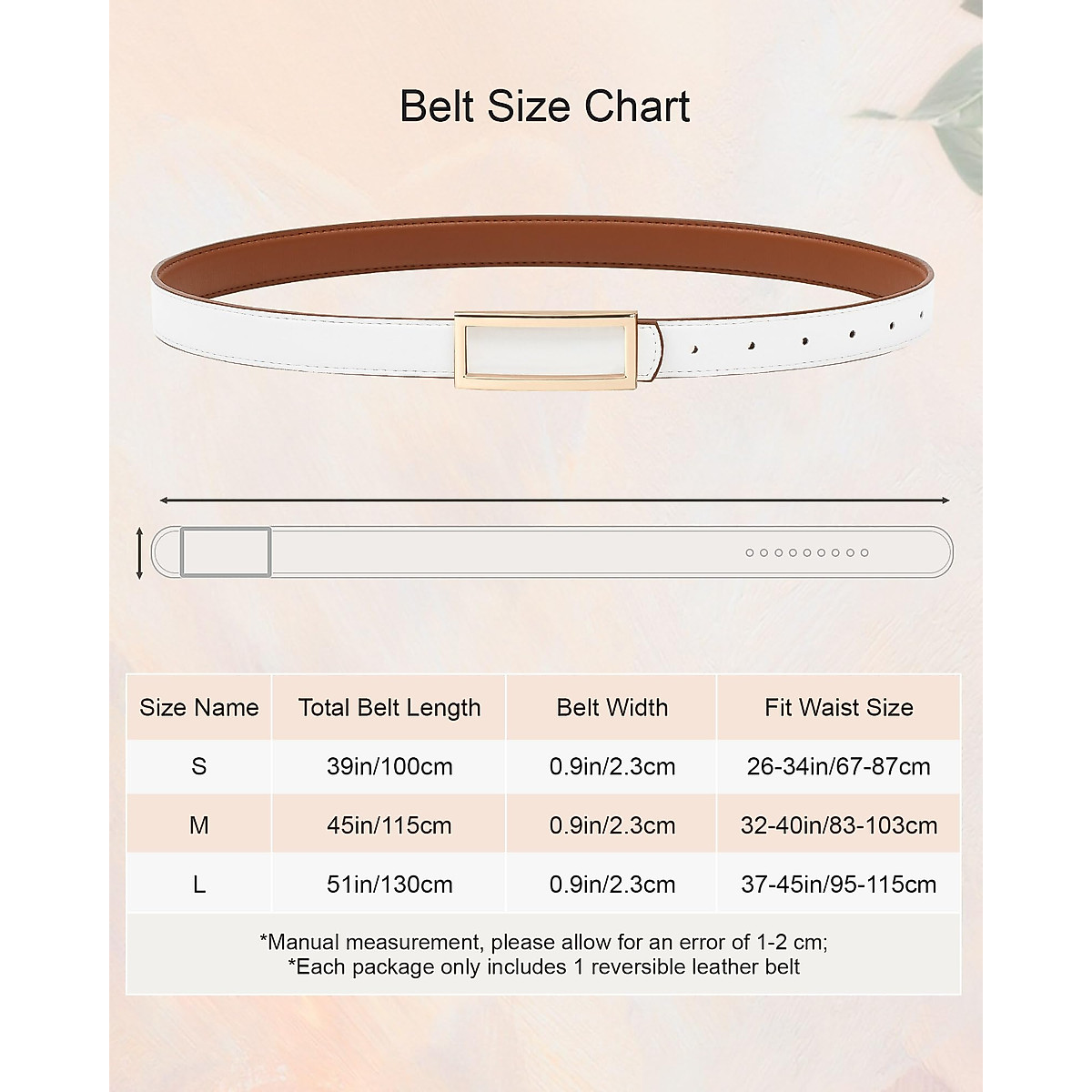 AWAYTR Women Reversible Leather Belt - Two-in-One Women Fashion Skinny Belt for Jeans with Golden Buckle (Brown/White,100cm)