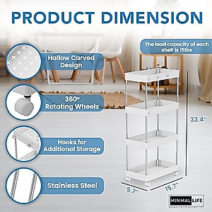 Minmallfe 4 Tier Rolling Cart with Wheels - Rolling Storage Cart as Snack Cart, Utility Cart, Bathroom Storage Shelf, Diaper Cart - Laundry Room Organization and Storage - Cart Organizer (Regular)