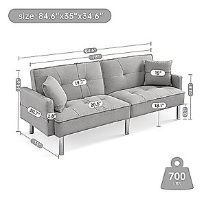 HomePop Upholstered Futon Bed with Chrome Legs, Modern Sofa Couches for Living Room, Small Spaces, Dorm, Apartment Sofabed, Standard, Light Grey