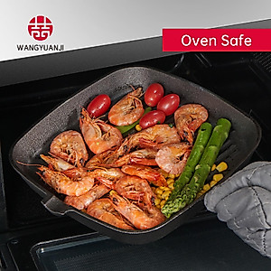 WANGYUANJI Cast Iron Grill Pan,Square Nonstick Grill Pan with Spatula and Brush,9Inch Barbecue Pan for Grill,Stove,Oven and Campfire