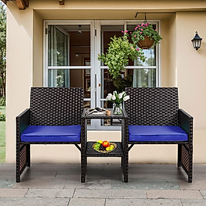 JAMFLY Outdoor Loveseat, Patio Furniture Set with Built-in Coffee Table, Patio Loveseat with Cushion, All-Weather Wicker Conversation Set Rattan Sofa for Garden Lawn Backyard