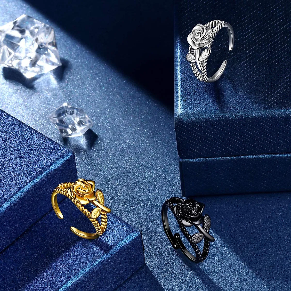 beautlace Rose Adjustable Rings Black Gun Plated Flower Open Ring Elegant Jewelry Gifts for Women KR0013K