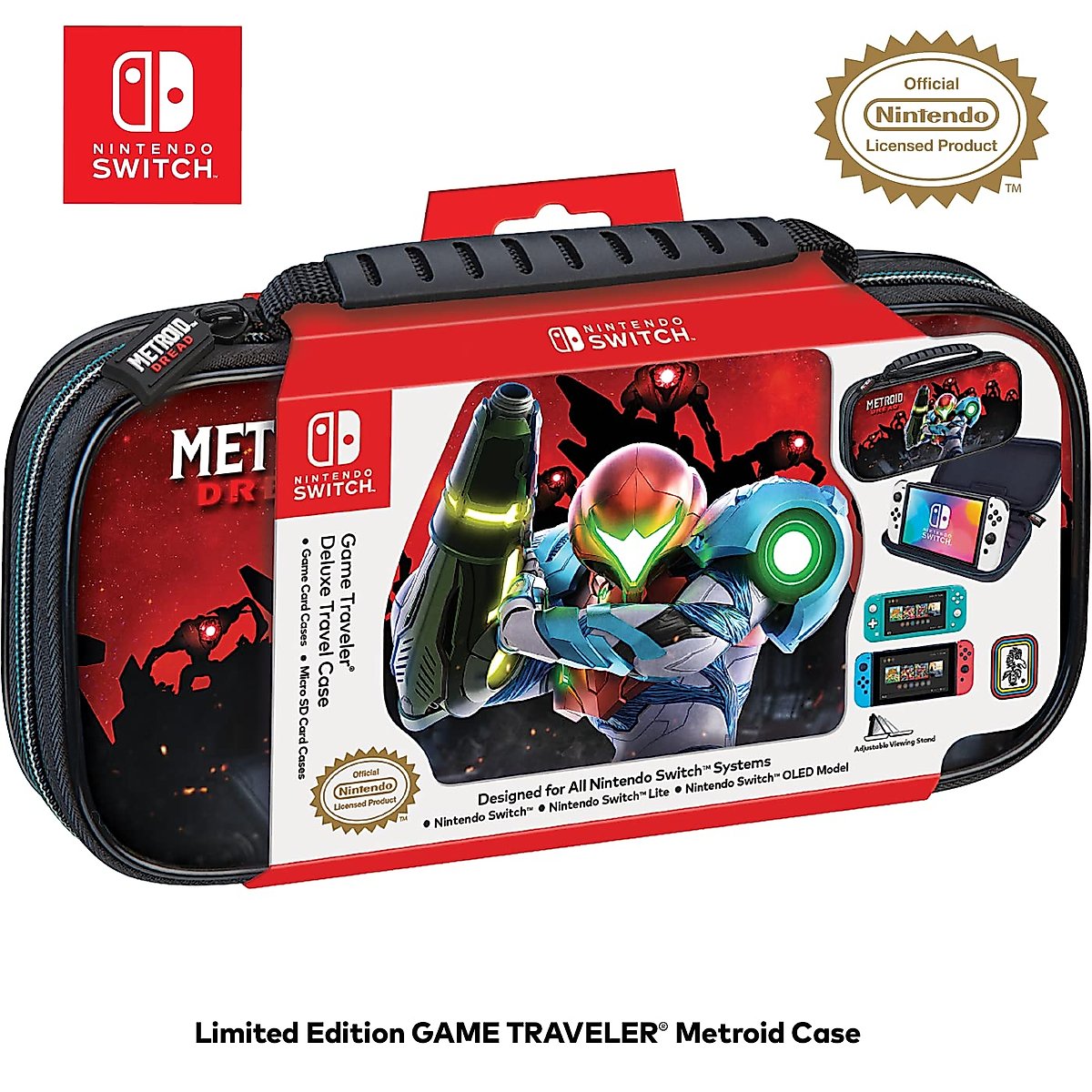 Game Traveler Metroid Nintendo Switch Case - Switch OLED Case for Switch OLED, Original Switch, Adjustable Viewing Stand & Bonus Game Cases, Deluxe Carry Handle, Licensed Nintendo Switch game case