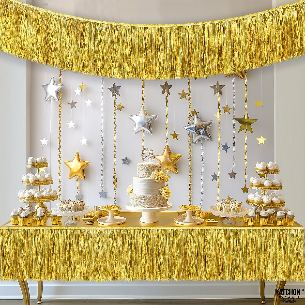 KatchOn, Pack of 2 Gold Fringe Banner - 6.5 Feet | Gold Fringe Garland, Golden Birthday Party Decorations, Gold Streamers Party Decorations | Happy New Year Backdrop, New Years Eve Party Supplies 2025