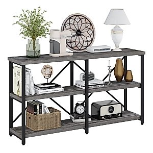 BON AUGURE Rustic Console Table Behind Sofa, Industrial Entryway Table with Storage Shelves, 3 Tier Long Bookshelf for Entry (55 Inch, Dark Grey Oak)