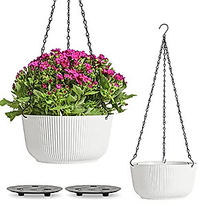 T4U Hanging Planter Self Watering 8 Inch, 2 Pack White Indoor Outdoor Hanging Plant pots, Hanging Flower Pot with Drainage Hole & Plug & Chain with 3 Hooks for Garden Home Decor
