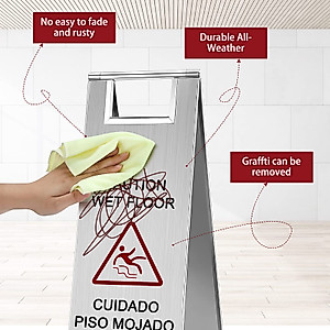 LEIFIDE 4 Pcs Stainless Steel Wet Floor Caution Sign Bulk 8.8 Pound Portable Foldable Handle Bilingual Safety Sign for Kitchen Restaurant Shop commercial Use Avoid Fall and Slip Accident(4 Pcs)