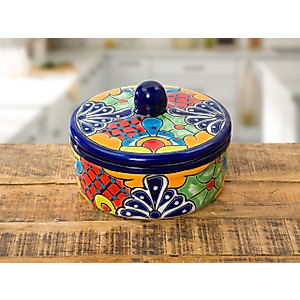 Enchanted Talavera Traditional Authentic Mexican Hand Painted Talavera Ceramic Tortilla Warmer Bowl With Lid Colorful Spanish Mexican Serveware Roti Pancakes Party Serving, Turquoise
