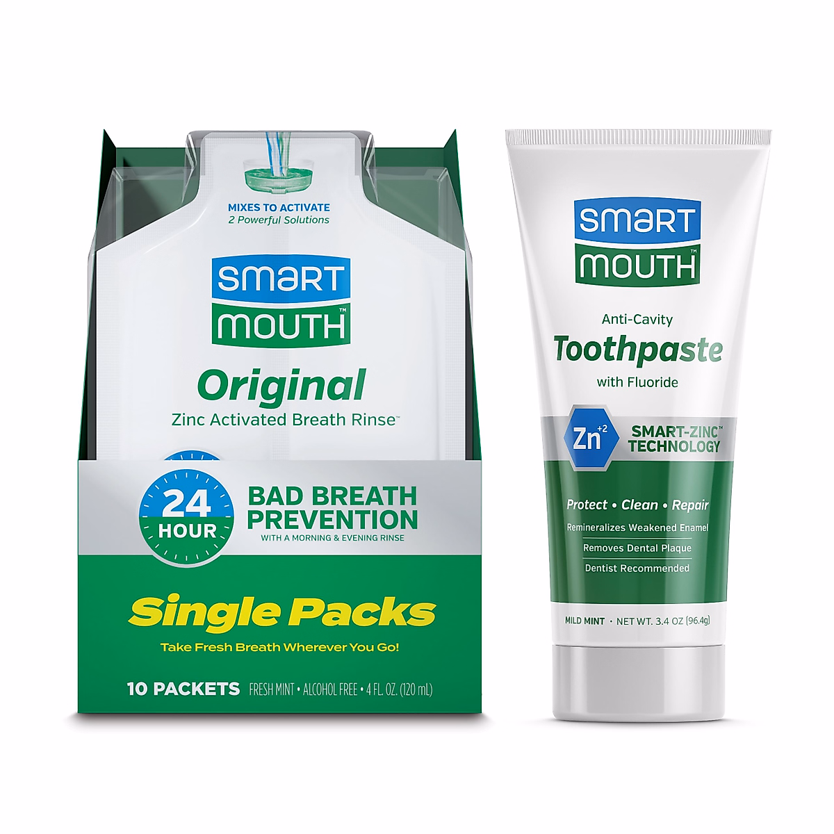 SmartMouth TSA Approved Travel Toothpaste & Oral Rinse - SmartMouth Original Activated Oral Rinse Packs & Travel Size Premium Toothpaste, 3.4 Ounce